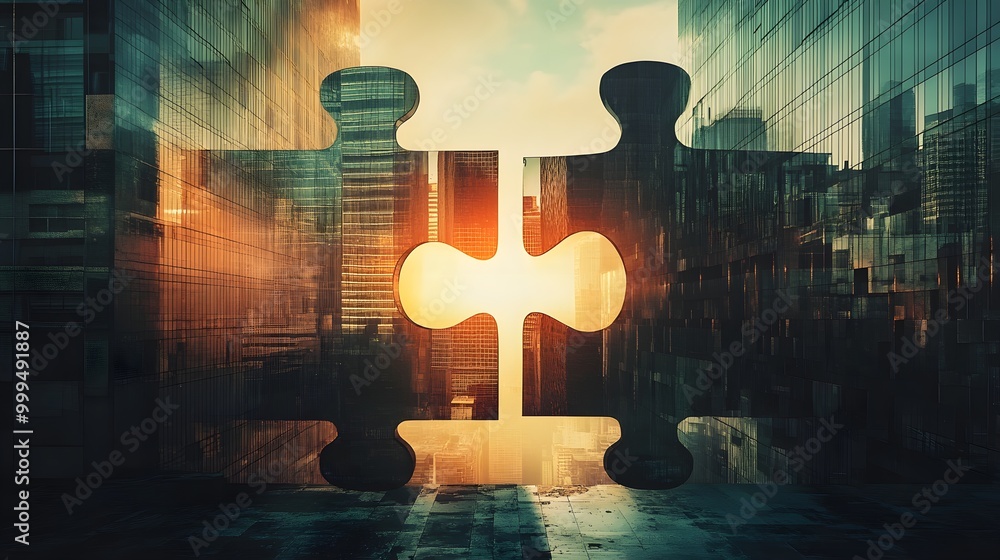 Abstract concept of merger, two building-sized puzzle pieces coming ...