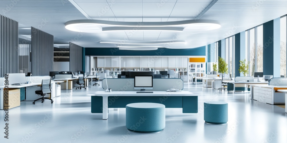 Efficient administrative area with organized desks, digital tools, and ...