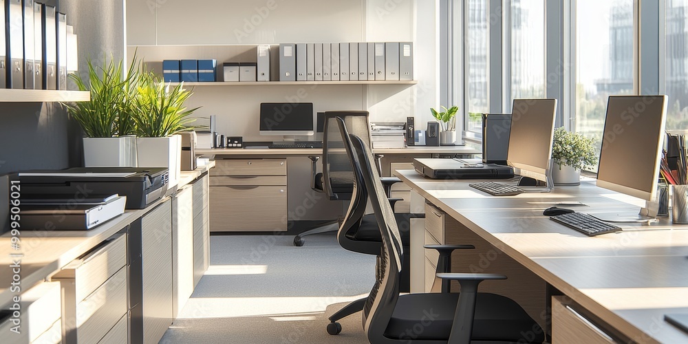 Professional administrative area with efficient desk setups, high-tech ...