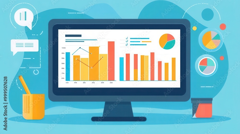 Colorful bar charts and graphs displayed on a computer screen ...