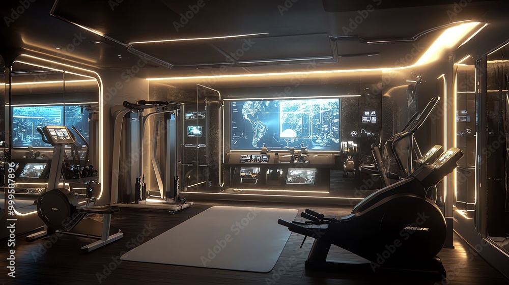 Futuristic gym with exercise machines, large screen displaying data ...