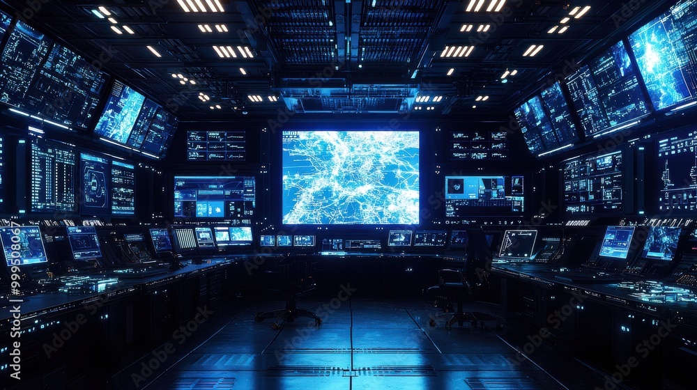 A high-tech military command center with digital screens displaying ...