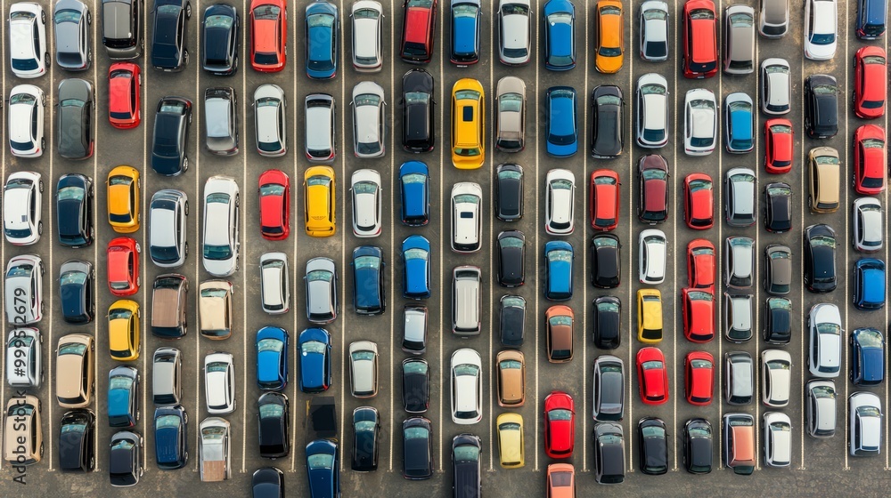 An aerial view of a crowded parking lot with cars neatly lined up ...