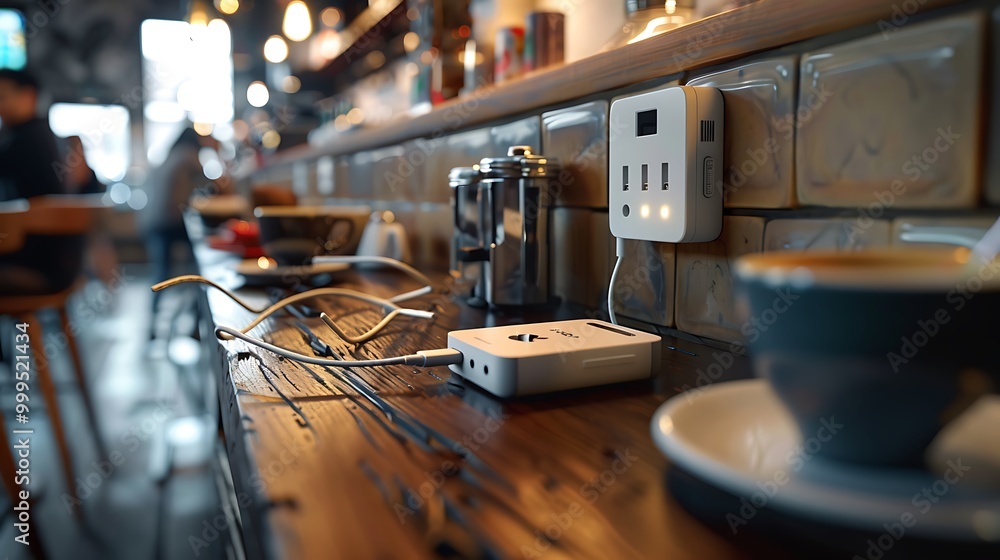 The phone adapter is inserted into the coffee shop counter electric ...