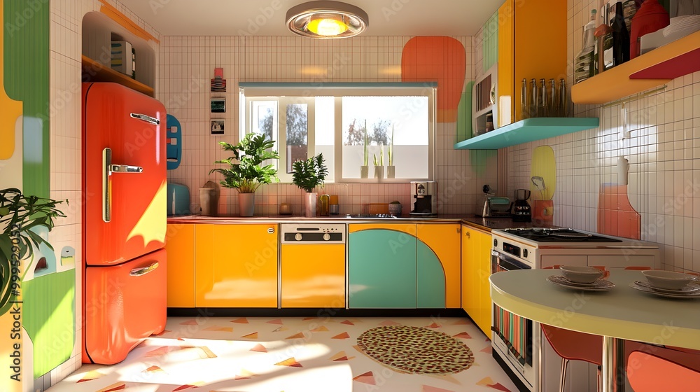 70s maximalism kitchen flat design, side view, bold retro theme, 3D ...