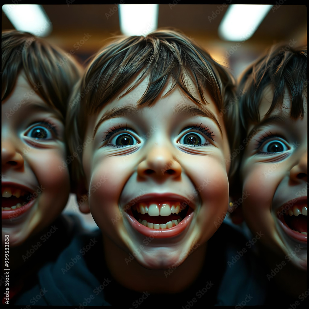 three children's faces with an extremely surprised expression, dilated ...