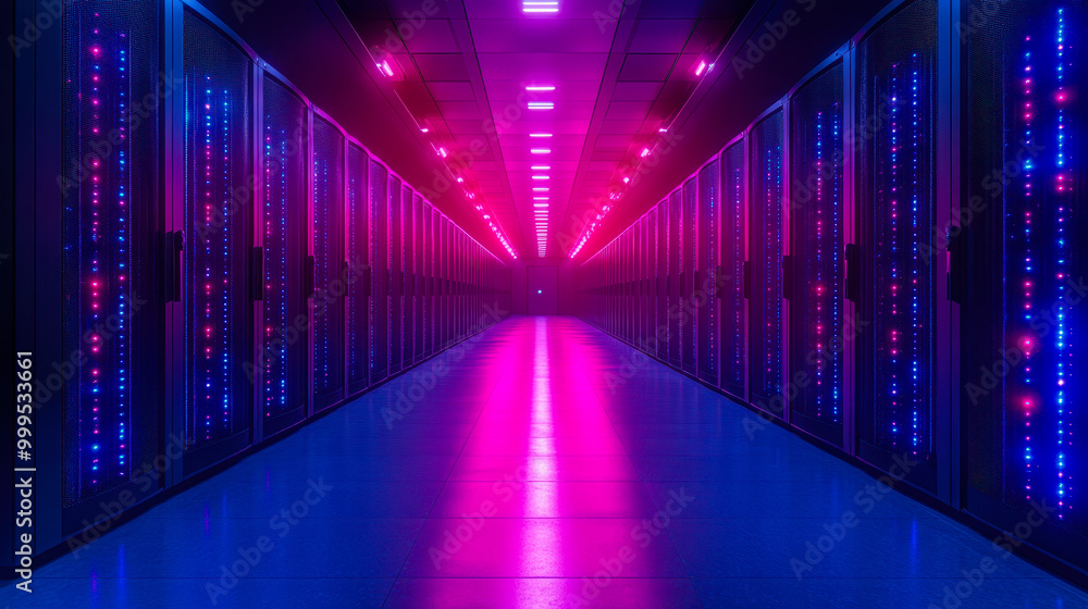 Futuristic Modern Data Centre with Neon Light Rows of Servers ...