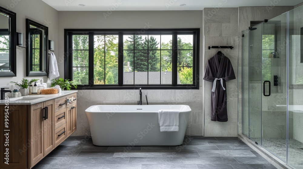 Primary bathroom interior with free standing bath tub floating cabinets ...