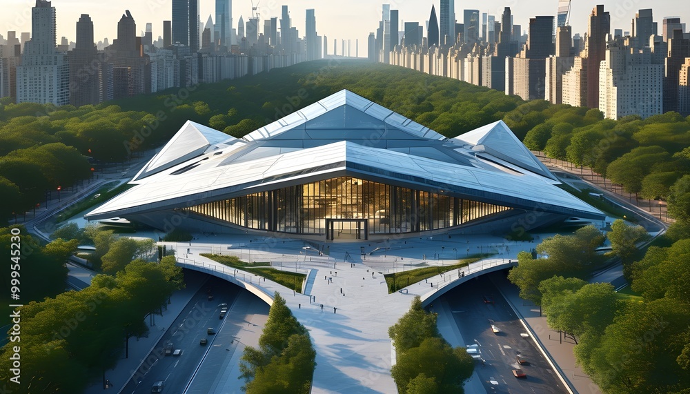Aerial view of a modern triangular museum nestled within an urban park ...