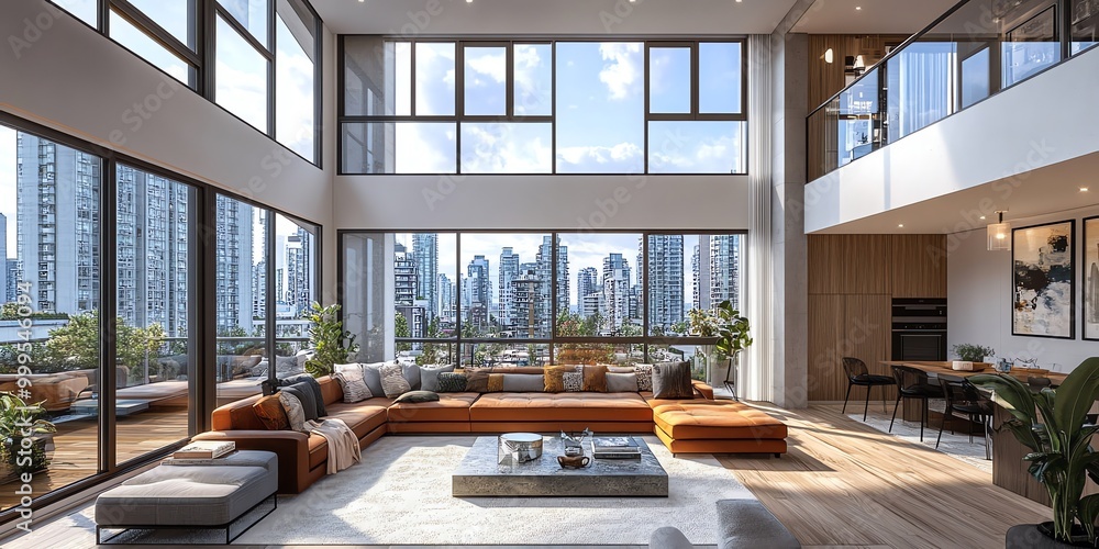 Modern living room with large windows overlooking a city skyline and a ...