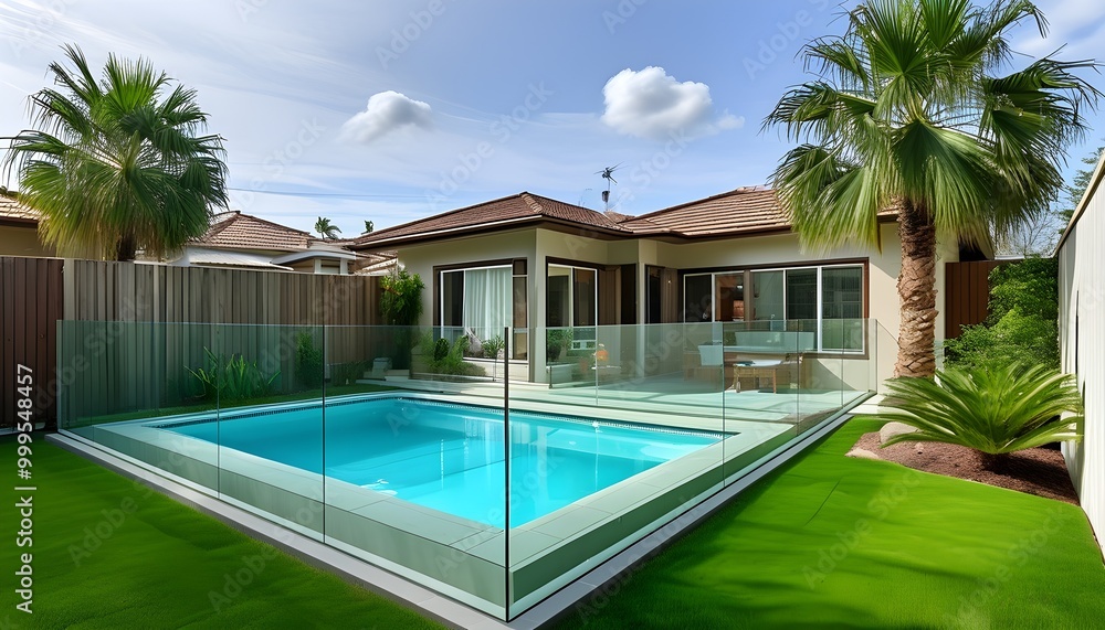 Serene backyard oasis featuring a pool, cabana, palm trees, lush lawn ...