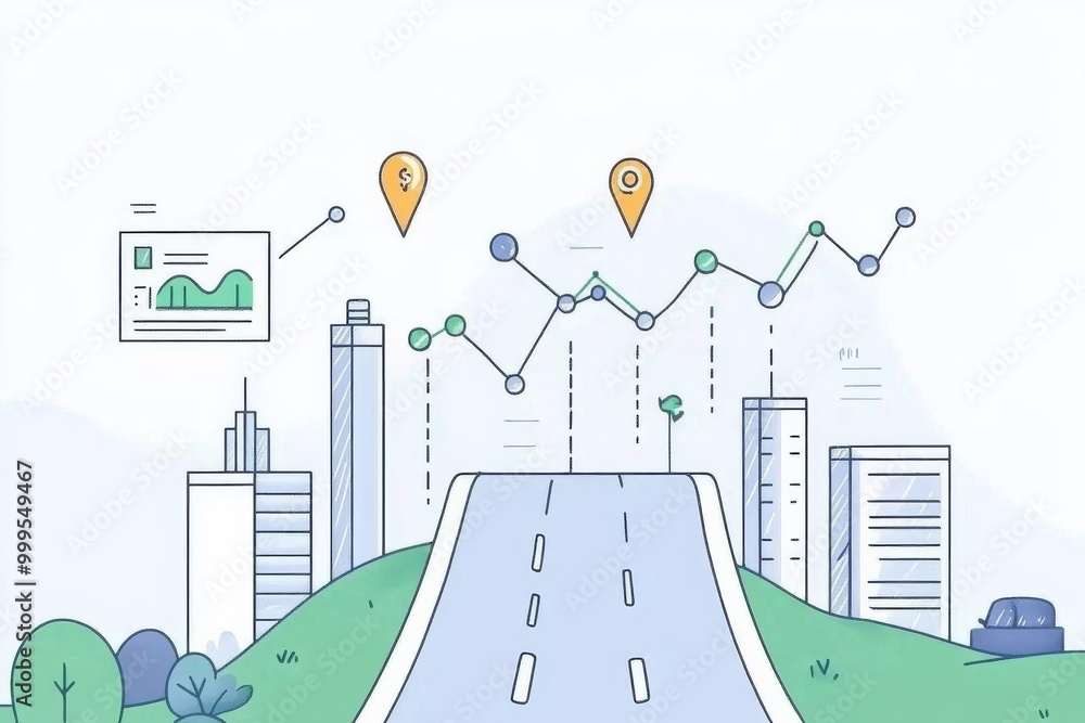 inforgraphic about cartoon road map of business, company revenue growth ...