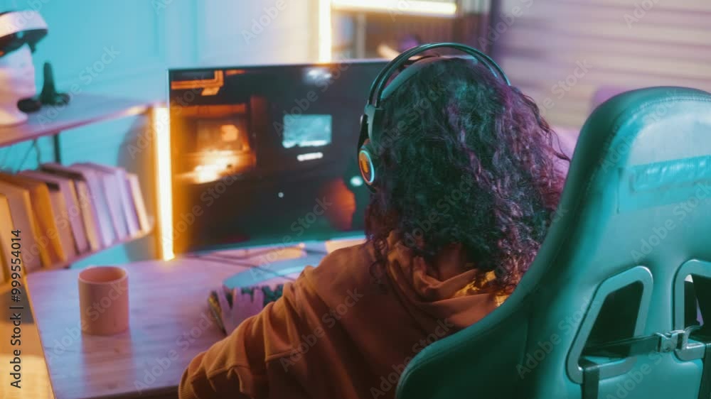 Back view of teen girl gamer playing desktop shooter video game and ...