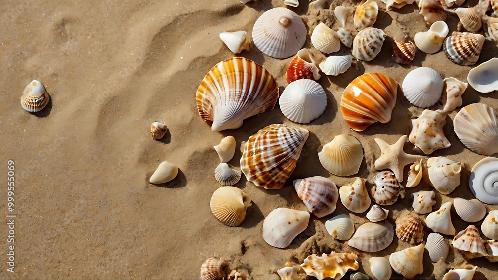 "A vibrant beach scene featuring a variety of seashells in different ...