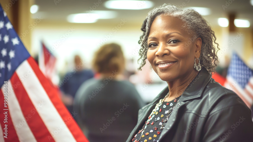 An older black woman beams with joy as she casts her ballot amidst a ...
