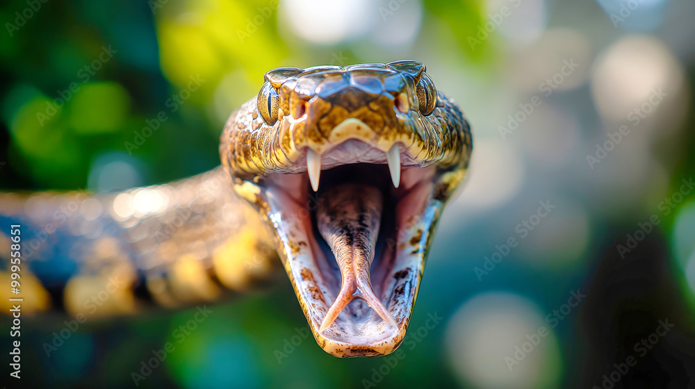 Angry snake lunging forward with open mouth and visible teeth in a ...
