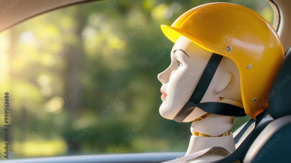 Crash test dummy wearing helmet inside car A crash test dummy seated ...