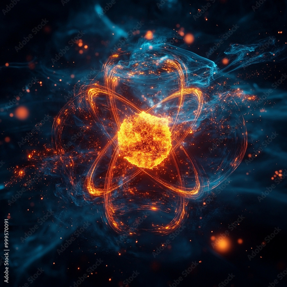 A vibrant depiction of an atom, showcasing its nucleus and orbiting electrons, symbolizing ...