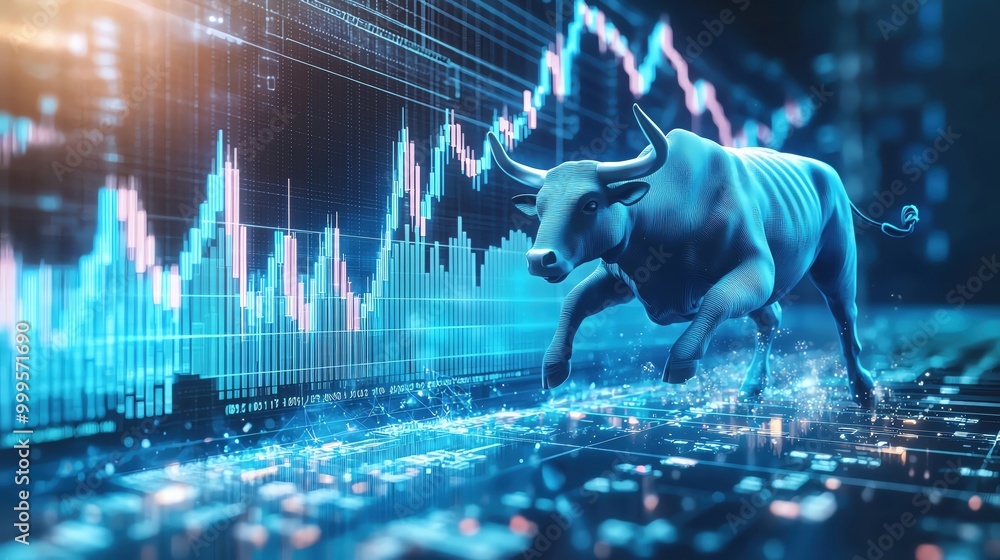 elegant Bulls running into each other is touching a growth graph bar ...