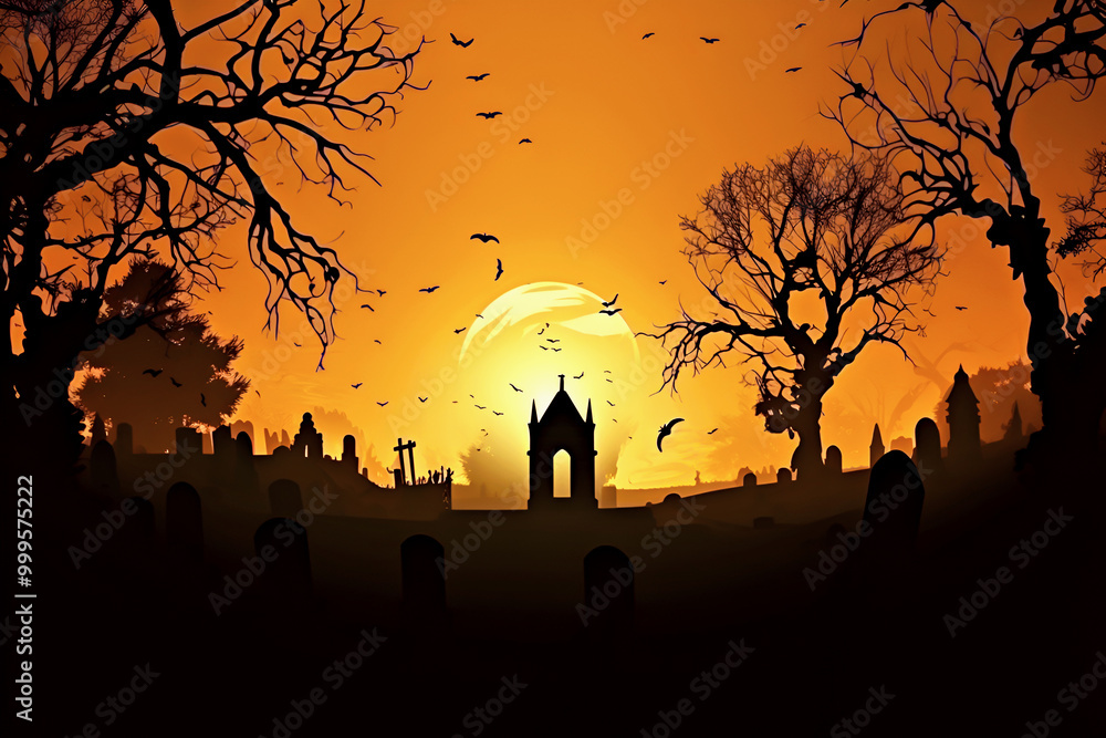 Silhouette of chapel in haunted graveyard under an orange dusk sky ...