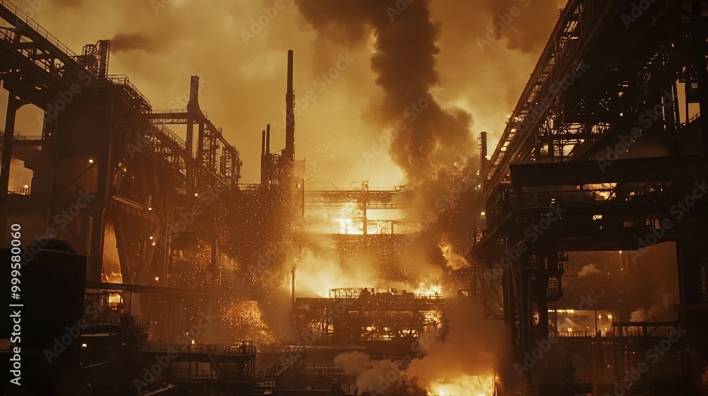 Large Industrial Steel Mill with Smoke and Sparks in the Air. The dark ...