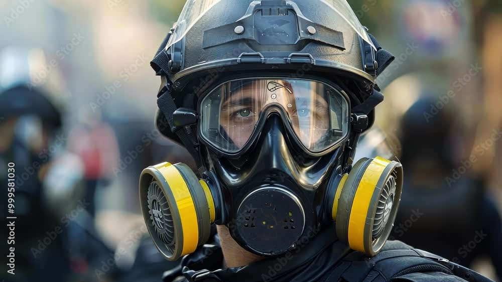 Law enforcement officer wearing a gas mask and helmet, ensuring safety ...