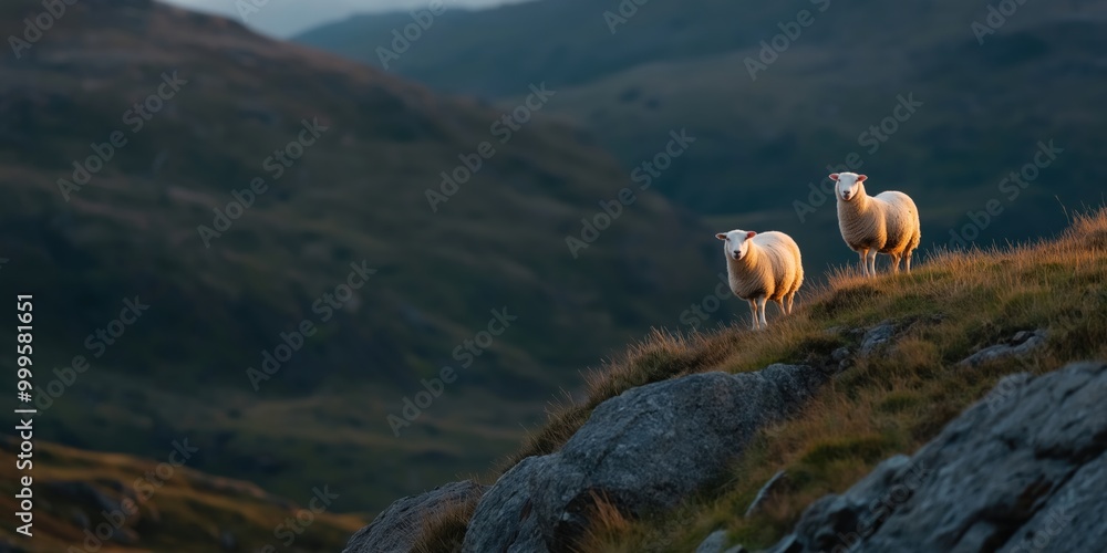 Romney sheep grazing on a steep, rocky hillside in the Cumbrian uplands ...