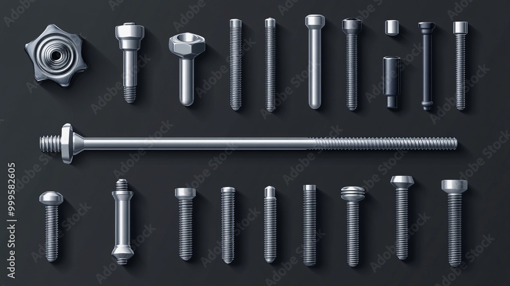 Realistic metal bolts and screws, complete with nuts, presented as a 3D ...