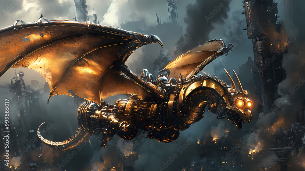 Generative AI, Steam-Powered Dragon with Glowing Eyes Soars Above an ...