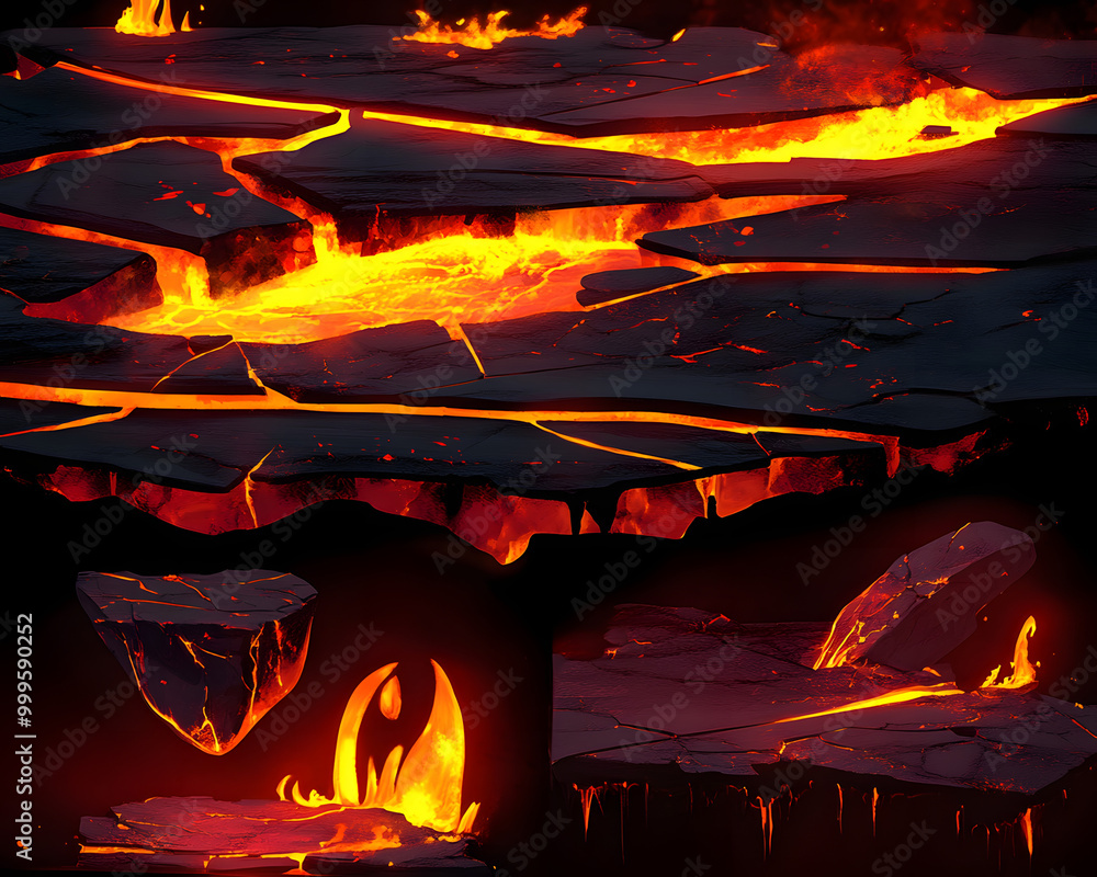Foto de Fire and lava game effect. Magma and rock cartoon ui 2d set ...