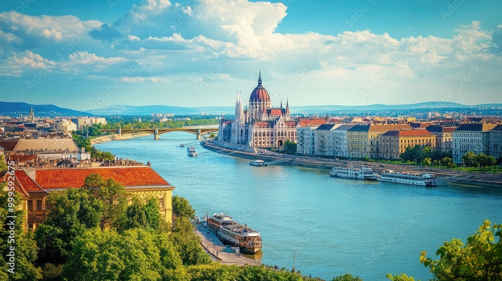 A panoramic view of the Danube River winding through Budapest, with ...