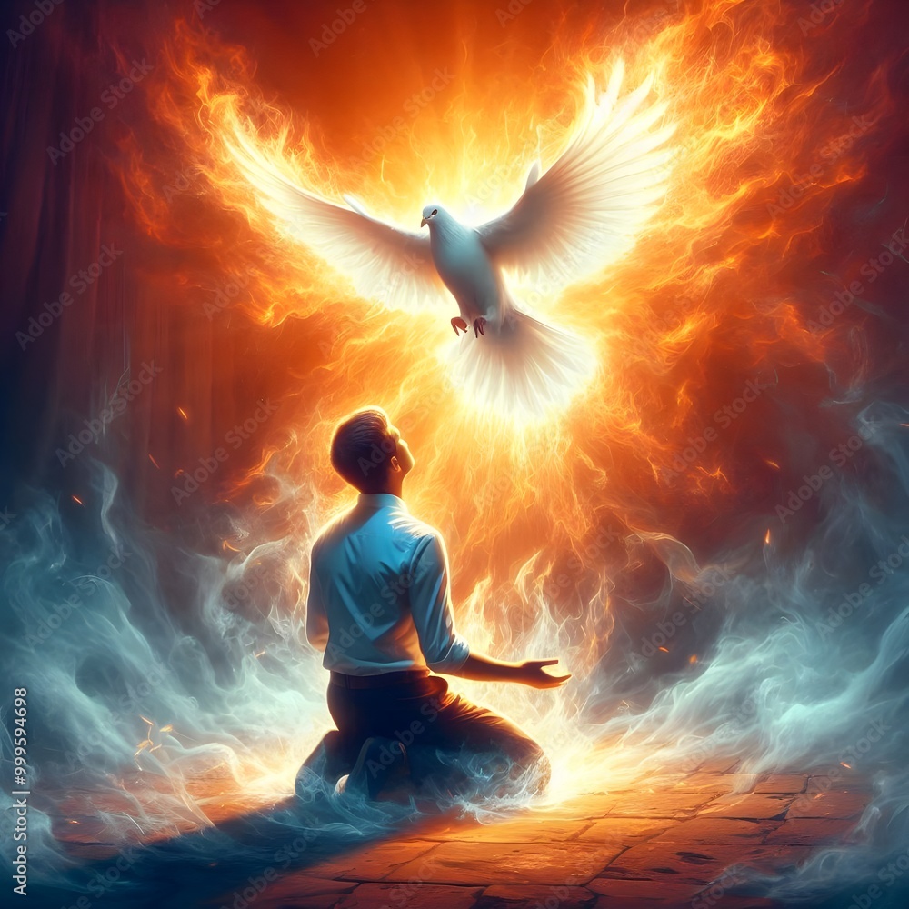 A glowing white dove symbolizing the Holy Spirit descending upon a ...