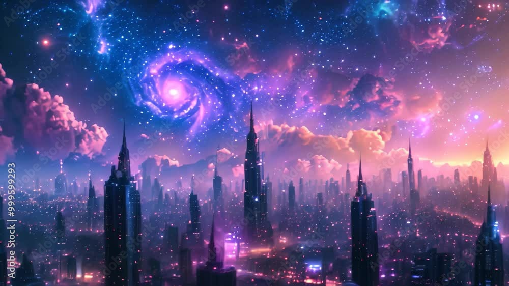 A Videograph capturing a city of the future, featuring vibrant hues in the sky and a multitude ...