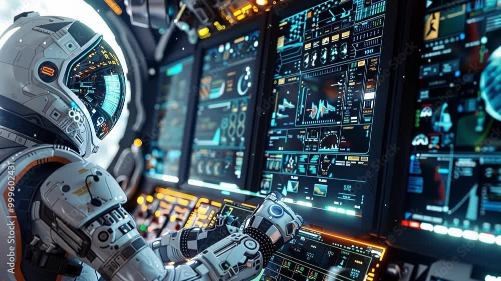 Astronaut wearing a technologically advanced suit is controlling a ...