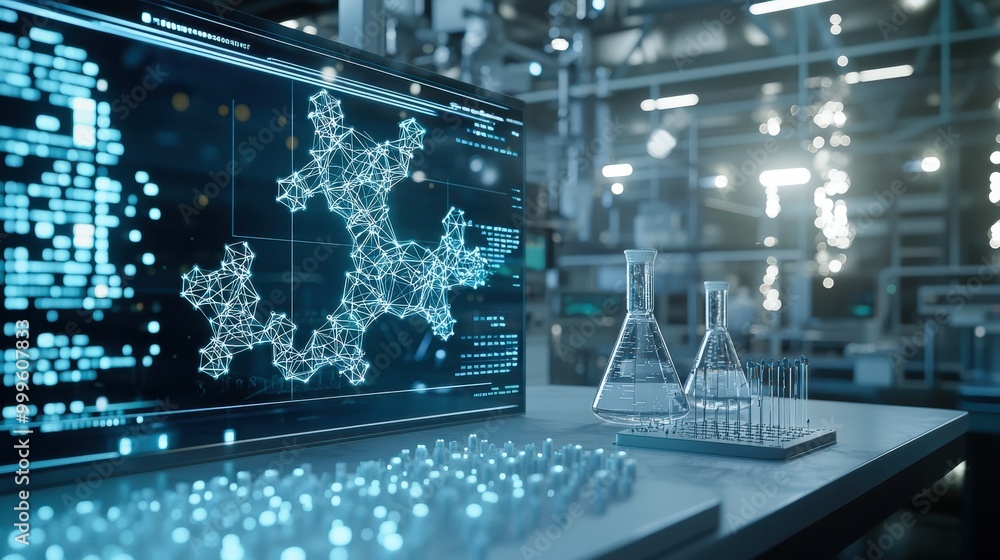 A laboratory scene where AI algorithms accelerate drug development, featuring digital models of ...