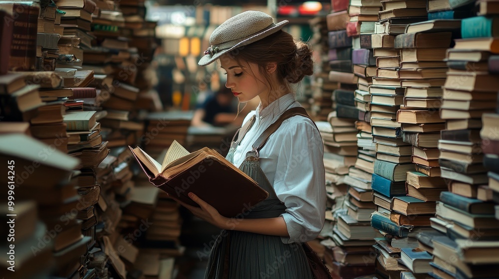 Young Swiss Girl in Librarian Costume Surrounded by Book Stacks in a ...
