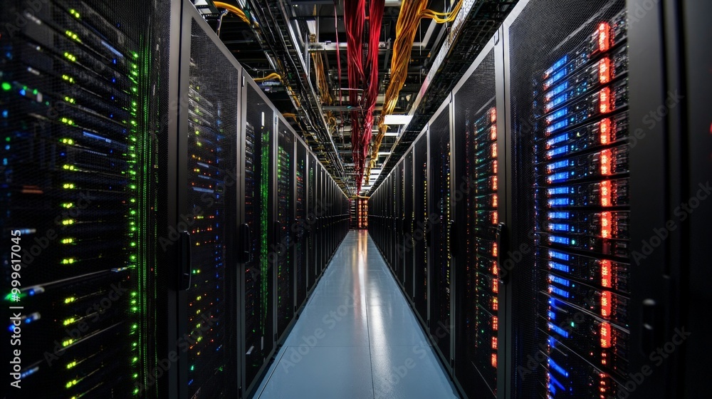 Expansive Data Center Environment, showcasing extensive server racks, emphasizing scalability ...