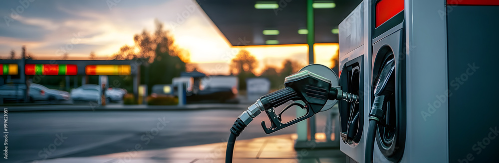 Car being refueled at a gas station, depicting energy use and ...