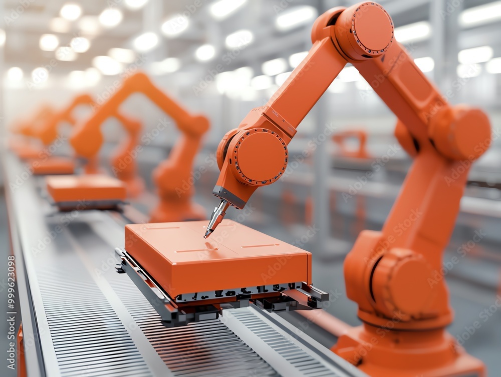 An advanced robotic arm operates on a conveyor belt, showcasing ...