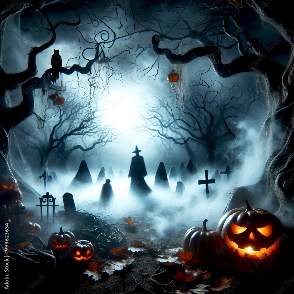 Haunted night forest in moonlight with fog and mystical figures and ...