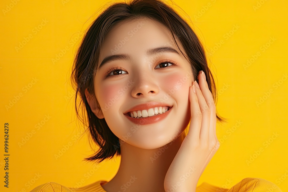 Beauty and skincare. Close up of young asian woman with short dark hair ...