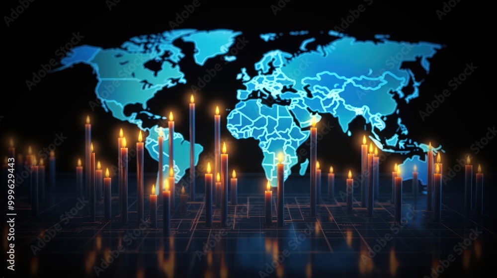 Candles and a Digital World Map: A Symbol of Global Remembrance Stock ...