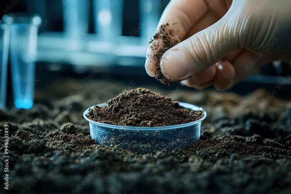 Hand in gloves analyzing soil sample in a petri dish for scientific ...