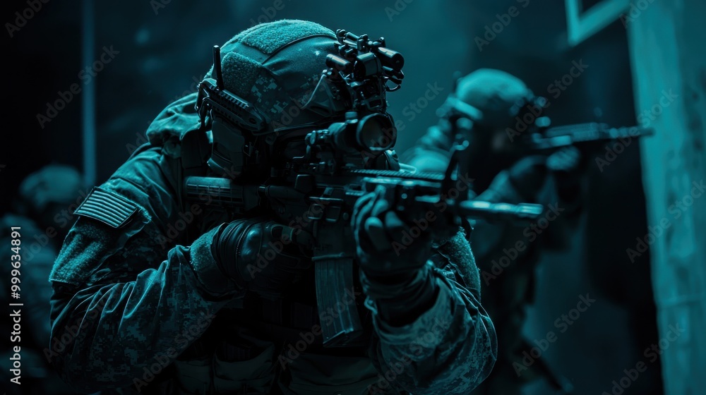 A covert military team conducts a night raid in an urban setting ...