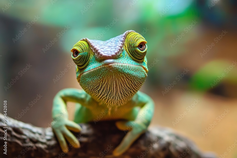 green lizard Yemeni Chamaeleonidae on a branch Close up. handsome cute ...