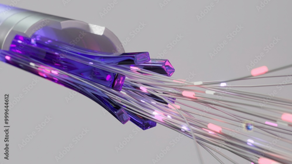 Fiber optic cables in a futuristic tech environment transmit data at ...