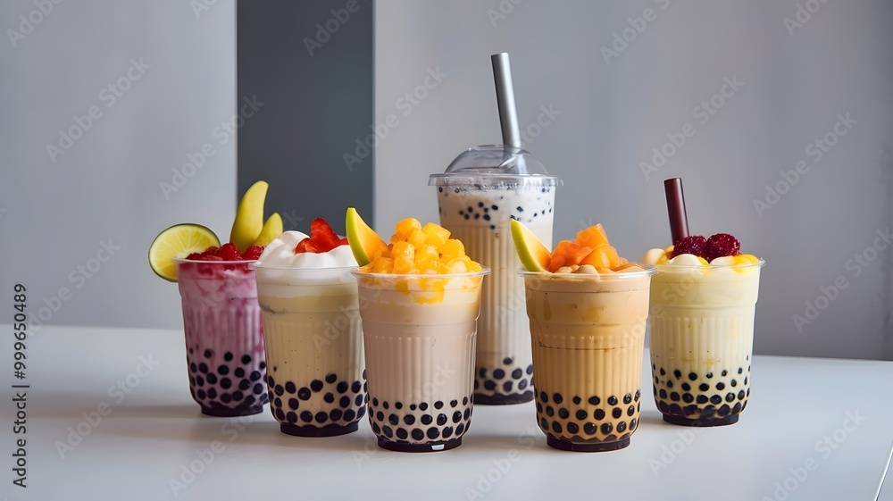 Exotic Bubble Teas with Toppings on Minimalistic White Surface Stock ...