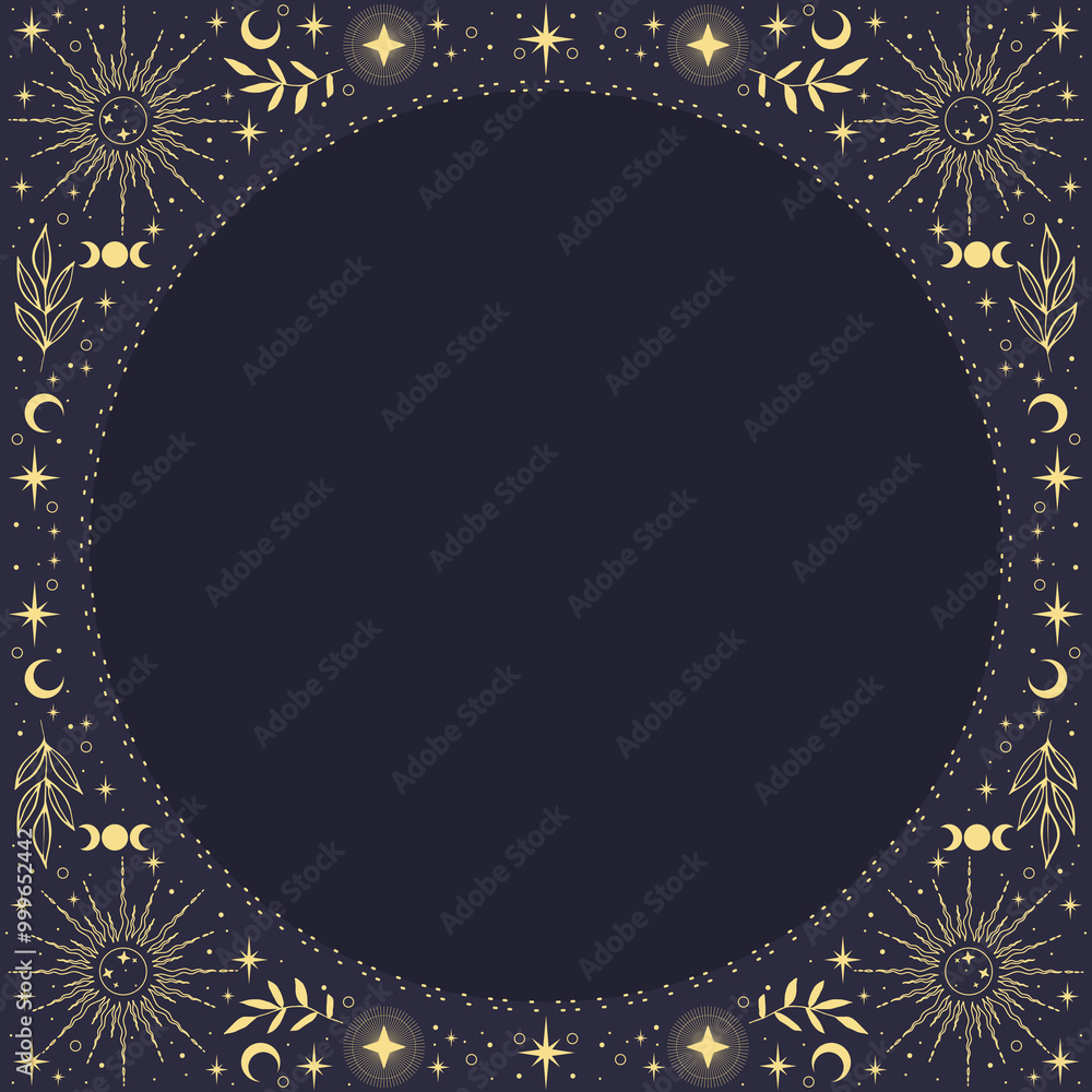 Magic vector frame with sun, plants, moon, stars and constellations ...