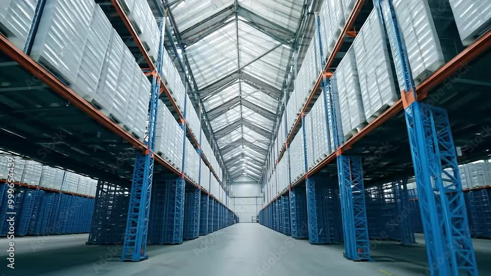 wide shot reveals expansive empty warehouse filled rows metal lves ...