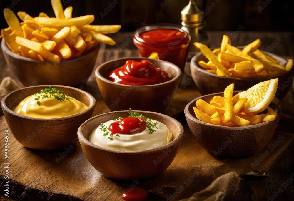 artfully arranged vibrant condiments alongside golden fries rustic ...